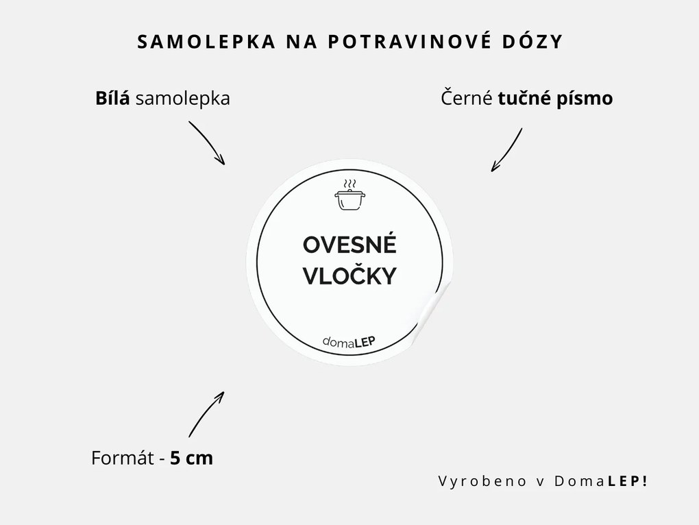 OVESNÉ VLOČKY - omyvatelná samolepka na dózu, výběr rozměrů Ø 5 cm / 5 x 5 cm / 6 x 8 cm | DomaLEP tvar: ČTVEREC, barva: BÍLÁ - ČERNÉ písmo, velikost: š. 5 cm x v. 5 cm - základní písmo