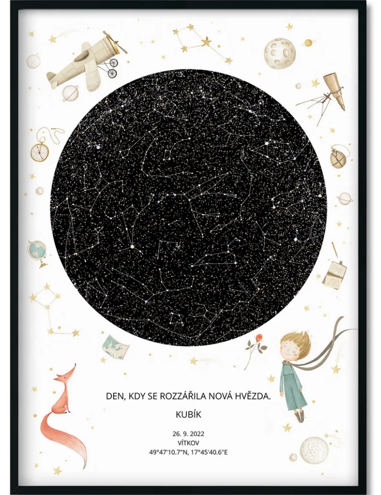 Hvězdná mapa Vašeho životního okamžiku 50 x 70 cm Černá