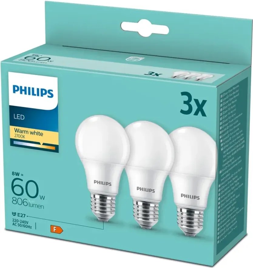 Philips 8718699775490 LED žárovka E27 8W/60W 806lm A60 2700K 3-set