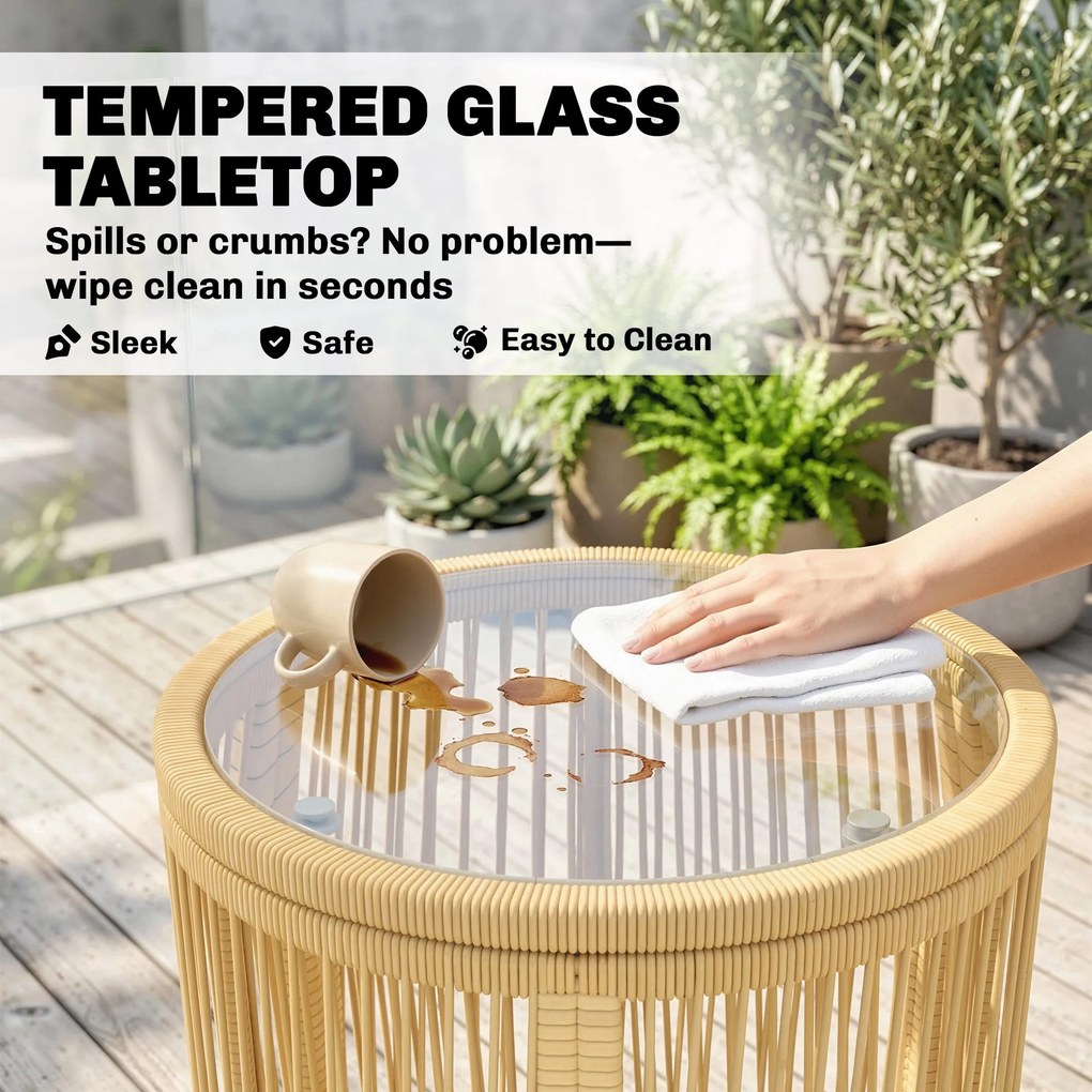Outsunny 3dílný ratanový bistro set – 2 polstrovaná křesla a tvrzený skleněný stolek, béžová