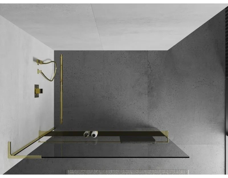 Mexen Kioto+ L, sprchová zástěna Walk-In s poličkou a věšákem 85 x 200 cm, 8mm čiré sklo, zlatý lesklý profil, 800-085-123-50-00