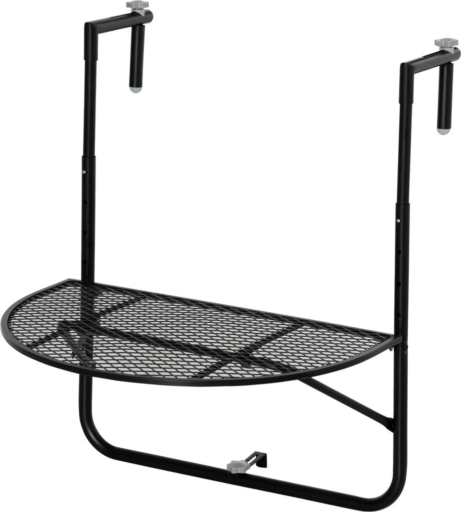 Skládací kovový stůl na zábradlí Outsunny, balkonový stůl s nastavitelnou výškou pro zábradlí 3-11 cm, půlkruhový tvar, 60x60x57-72 cm, černý | Aosom