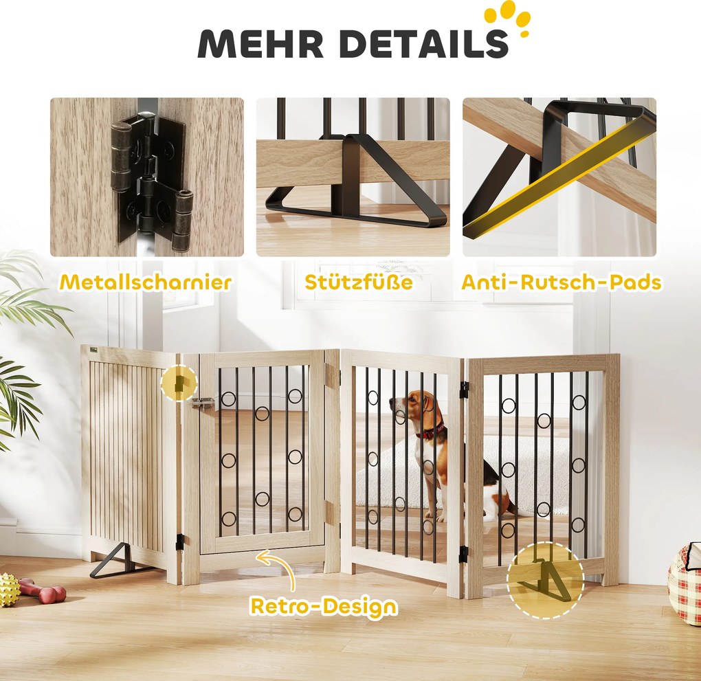 Volně stojící branka pro domácí mazlíčky, branka pro psy s dvířky, 4 panely, pro chodbu, schodiště, zárubeň, MDF, ocel