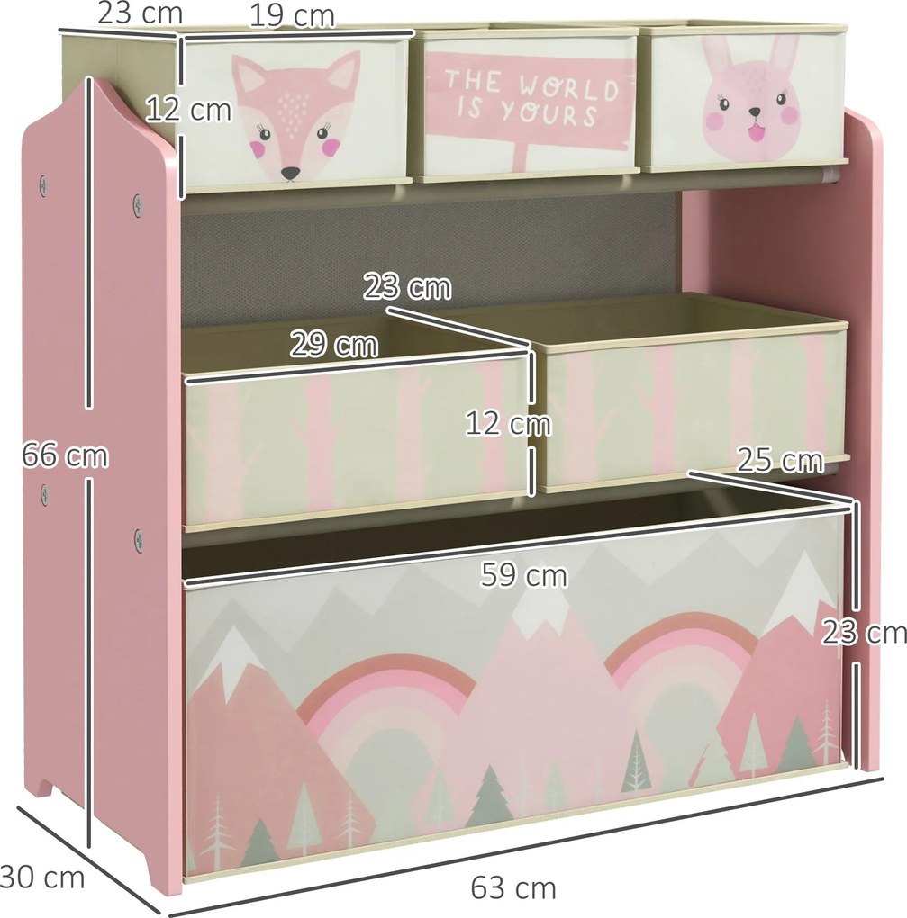 Dětský regál ZONEKIZ se 6 koši z netkané textilie na hračky - Organizér pro děti 3-8 let do ložnice nebo dětského pokoje 63x30x66 cm Růžový