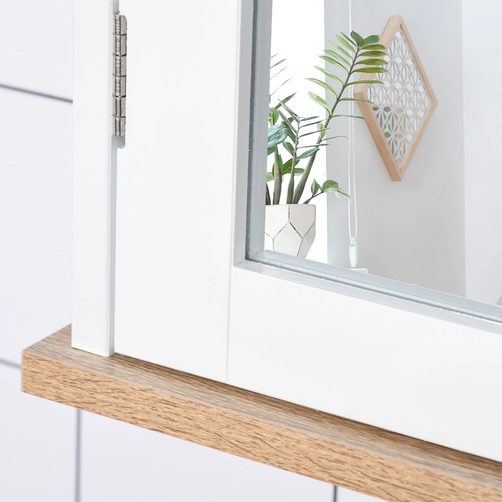 Nástěnný koupelnový kabinet kleankin se zrcadlem 2 úrovně s 1 nastavitelnou policí a 2 dřevěnými dveřmi - rozměr 56 š x 14 h x 46 v cm