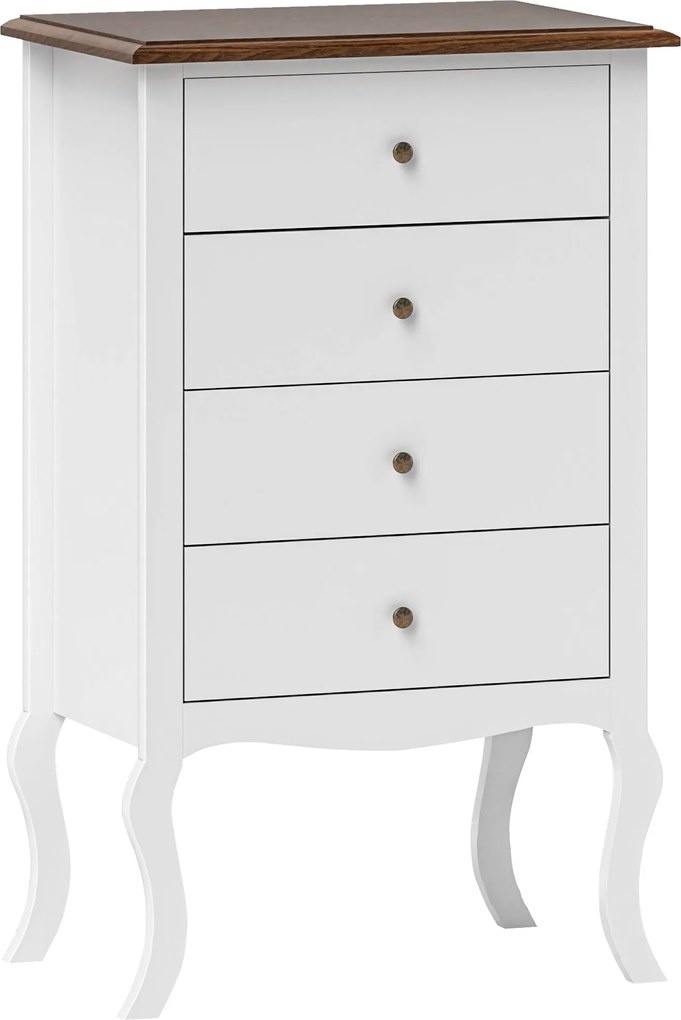 HOMCOM Komoda se 4 Šuplíky ve Francouzském Stylu - Dětská Komoda s Protiskluzovým Designem pro Obývací Pokoj a Chodbu 60x40x98,5 cm Bílá a Dub | Aosom