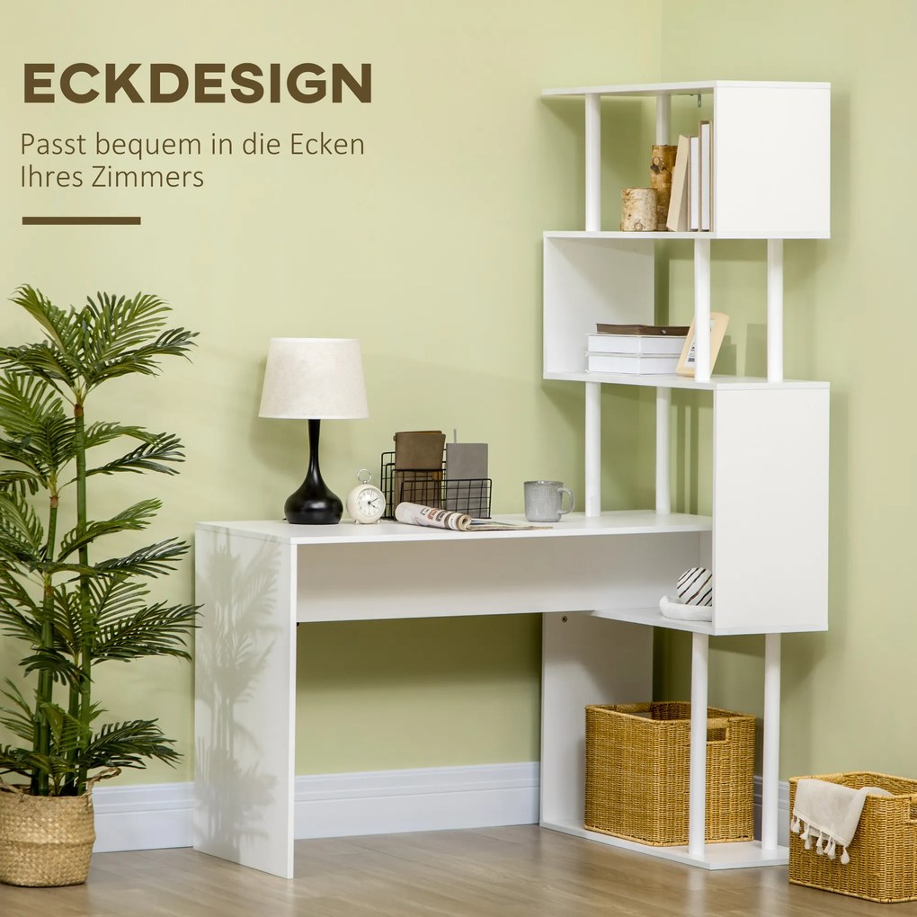 HOMCOM Rohový stůl se zásuvkami Moderní design L-tvarový počítačový stůl s dřevěnými policemi 120 x 80 x 176 cm Bílá