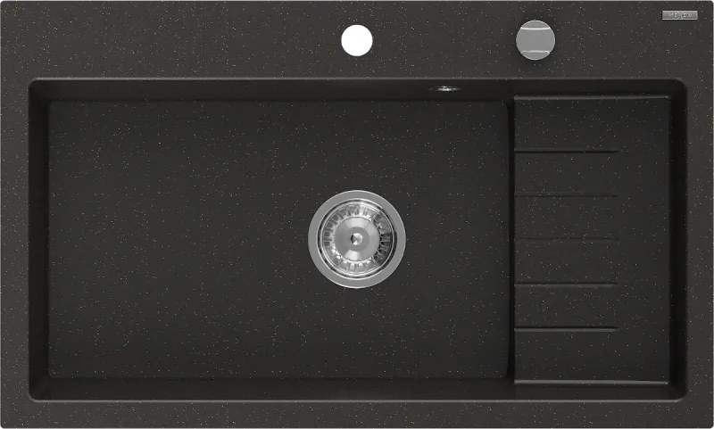 Mexen Omar, 1-komorový granitový dřez 800x480x210 mm, černá-zlatá metalíza, chromový sifon, 6520801005-75