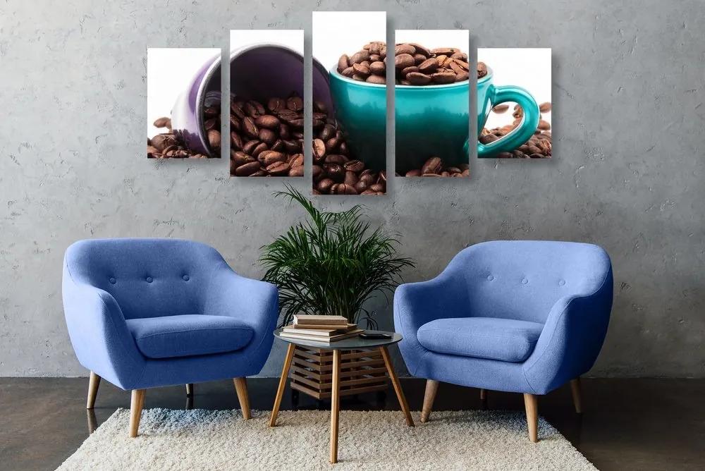 5-dílný obraz šálky s kávovými zrnky - 100x50 cm