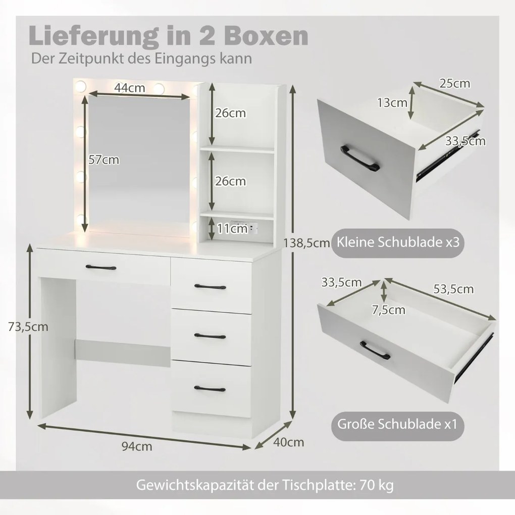 Costway Toaletní stolek s LED osvětlením 3 barvy s nastavitelným jasem – bílý