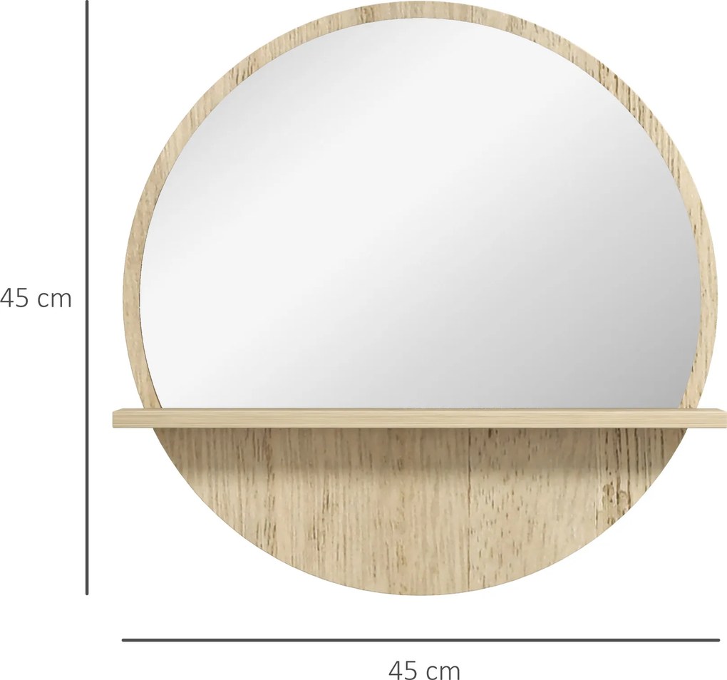 Kleankin Kulaté Zrcadlo se Skladem na Koupelnové Doplňky - Ø 45 x 10H cm - Přírodní Dřevěný Efekt