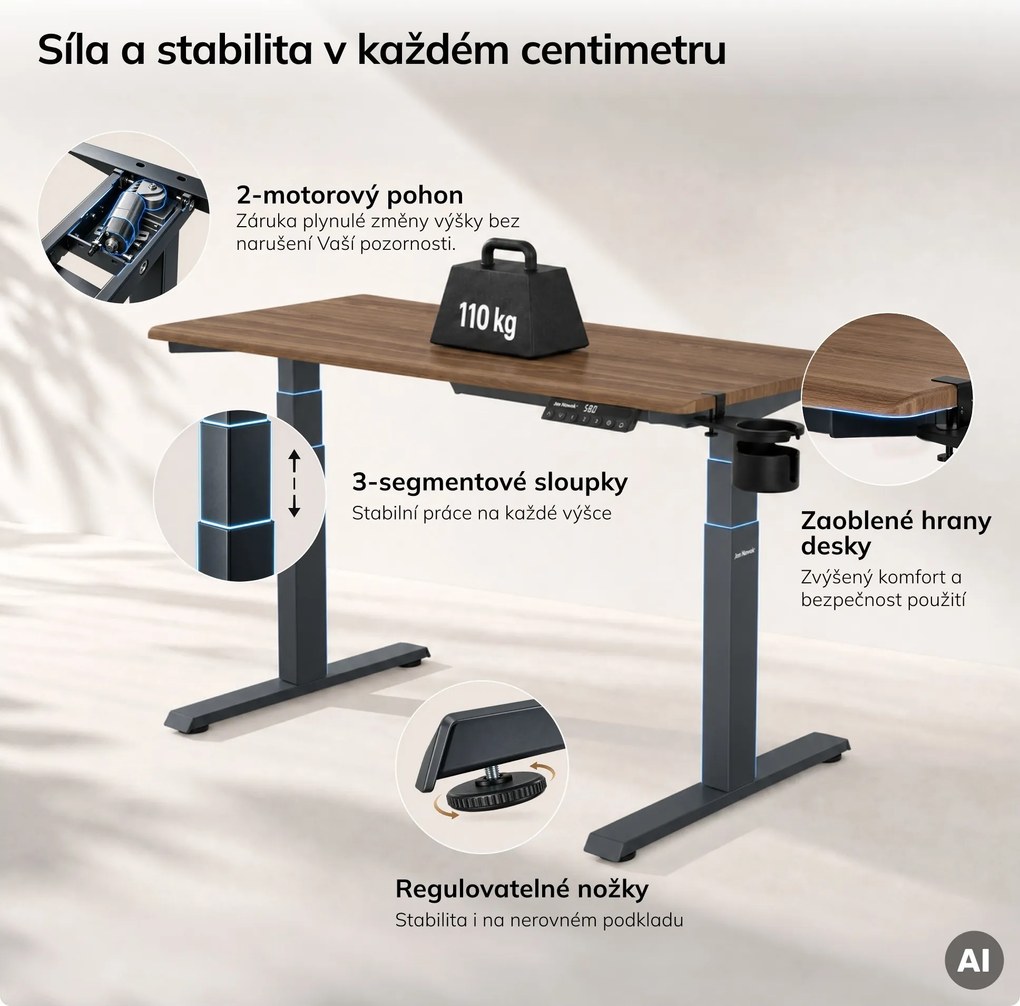 Elektrický stůl s regulací výšky ergonomický antracitový/ořech,1200x600 mm: ARIA