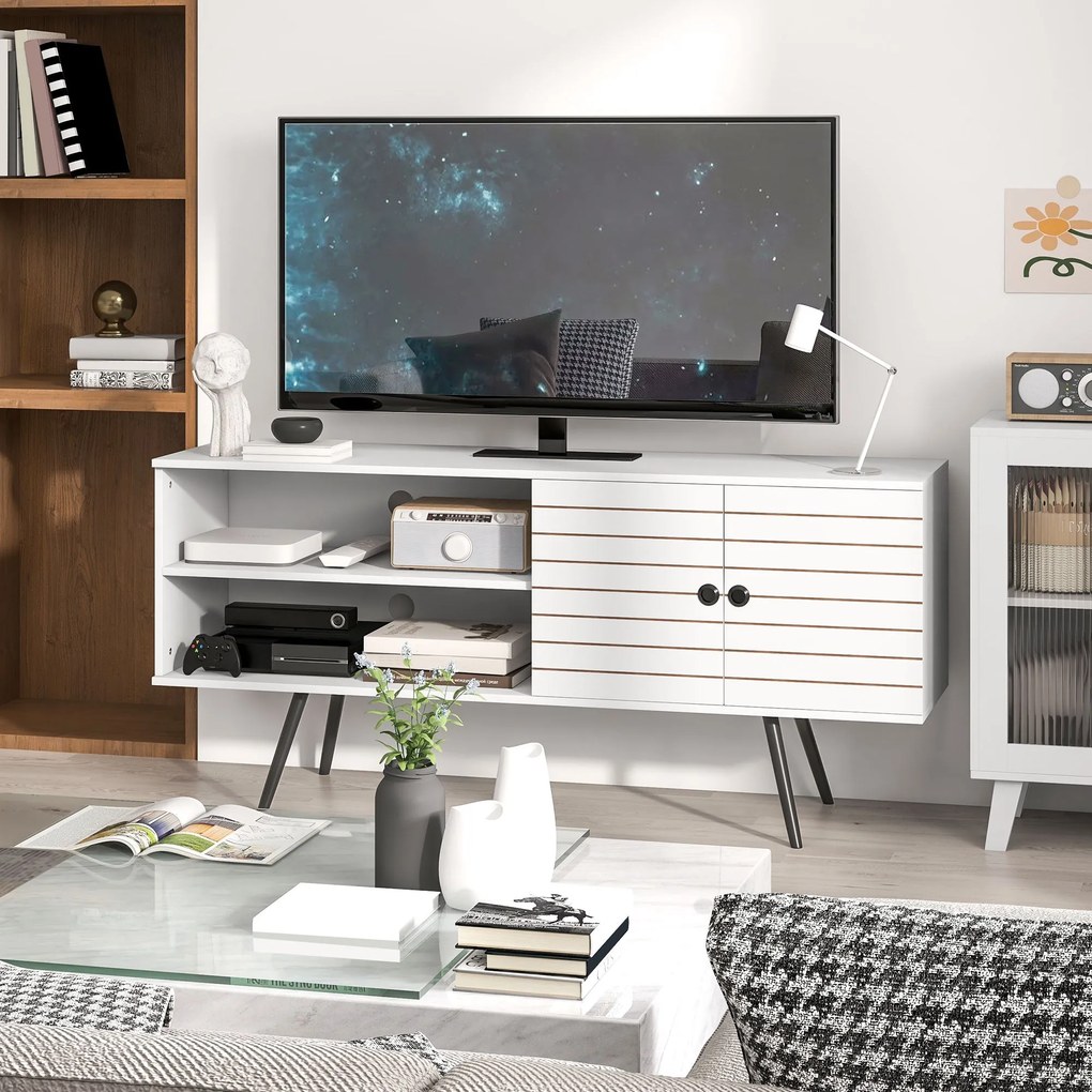 HOMCOM TV stolek do obývacího pokoje pro TV do 65 palců, moderní TV stolek se 2 otevřenými policemi a 1 nastavovací policí 145x38x65 cm Bílý