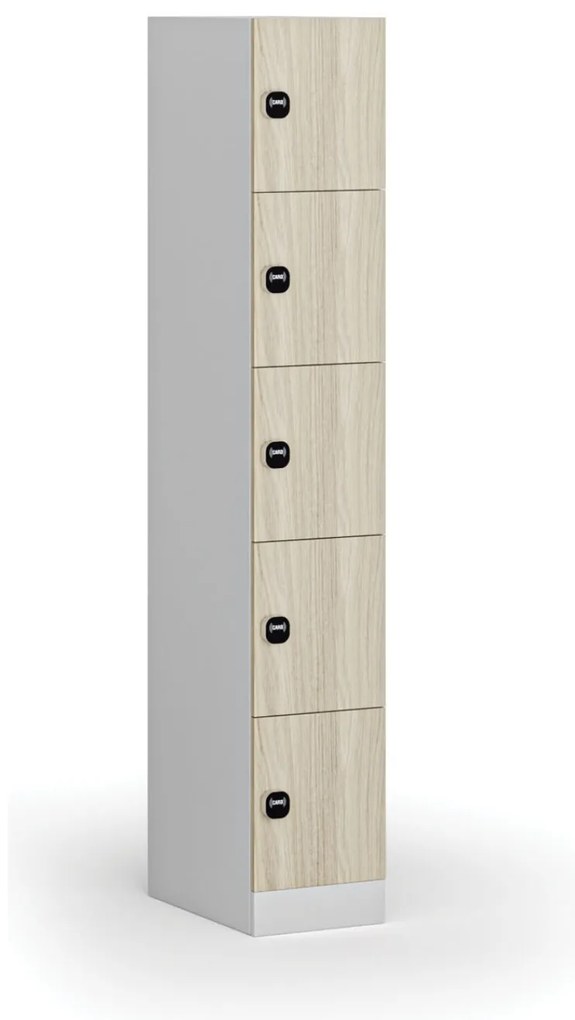 Šatní skříňka S1 s úložnými boxy, 5 boxů, 1850 x 300 x 500 mm, demont, RFID zámek, laminované dveře, dub přírodní