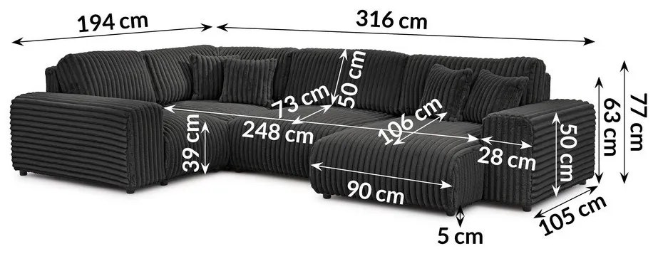 Tmavě šedá manšestrová rohová pohovka (levý roh/do "U") Justin – Ropez