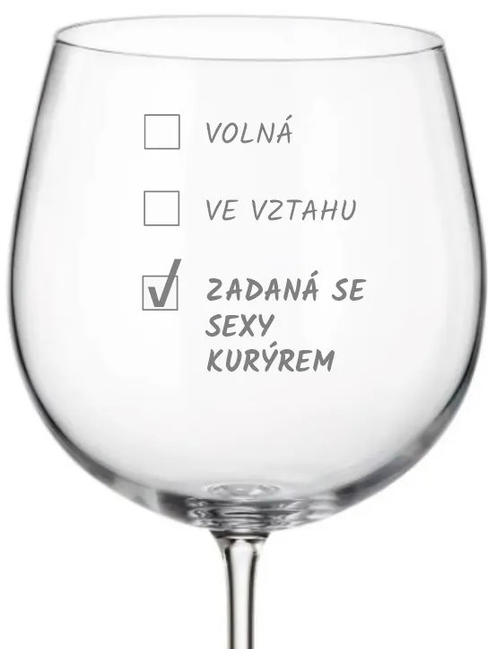 Dekorant Sklenička na víno pro kurýra ZADANÁ SE SEXY KURÝREM