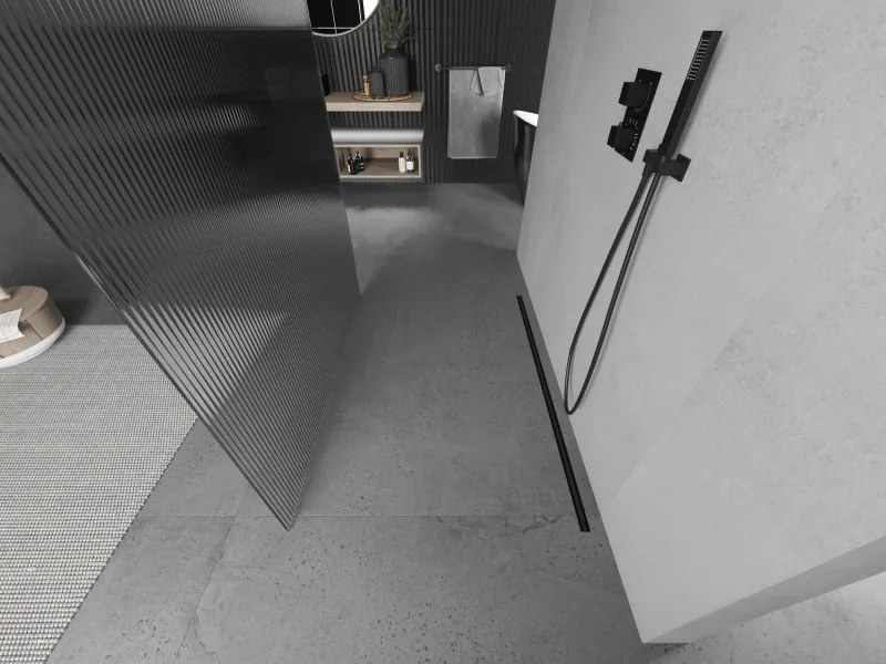 Mexen Kioto, sprchová zástěna Walk-In 140 x 200 cm, 8mm sklo s žebrovým vzorem, černý profil, 800-140-002-70-09