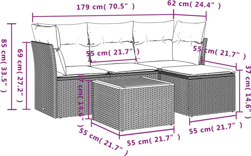 5dílná zahradní sedací souprava s poduškami černá polyratan 3223605