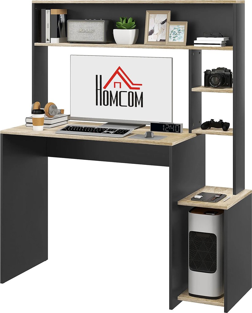 HOMCOM Stůl s policemi Moderní počítačový stůl s podstavcem na monitor CPU Kancelářské studium 114x45x138 cm Šedá a přírodní | Aosom