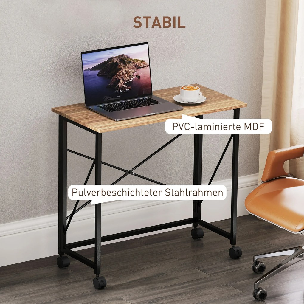 Skládací stůl HOMCOM 80 cm se zabudovanými koly pro úsporu místa, ideální do domácí kanceláře a obývacího pokoje, Dub