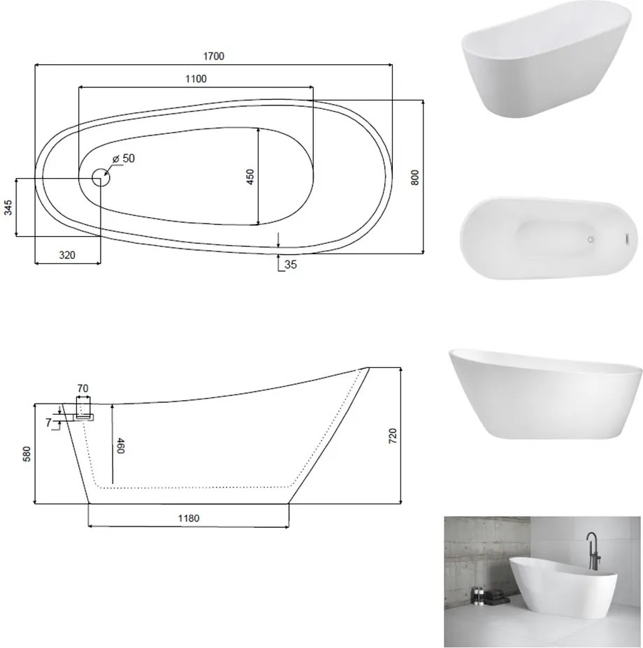Besco Melody vana volně stojící 170 x 80 cm sifon grafit barva zlatá VANMELODY170GG1 Koupelny Bernold