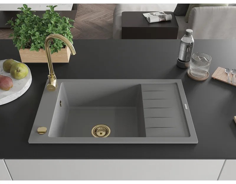 Mexen Elias, granitový dřez granitový 795x480x200 mm, 1-komorový, šedá se zlatým sifonem, 6511791005-71-G