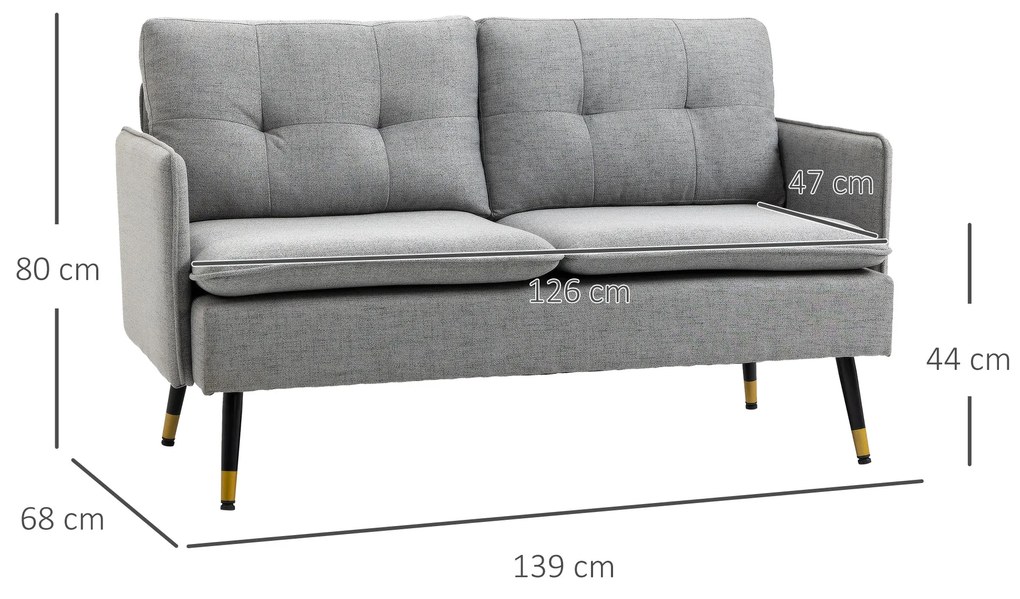 HOMCOM Dvoumístná pohovka loveseat s polštáři ve vzhledu lnu, dvojsedák do obývacího pokoje a ložnice, šedá, 139 x 68 x 76 cm | Aosom.de