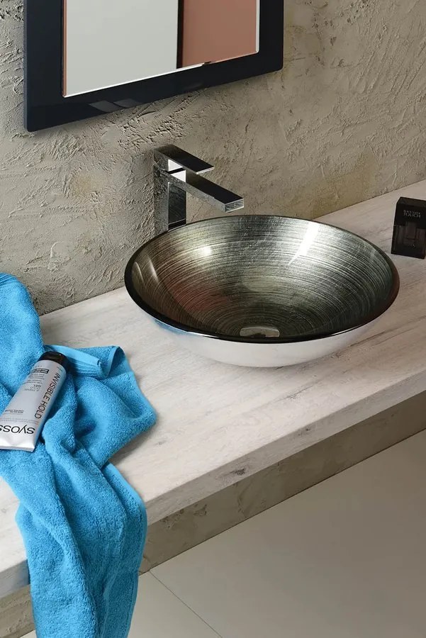Sapho Sapho, DAMAR skleněné umyvadlo na desku Ø 42 cm, tmavě šedá/stříbrná, 2501-20