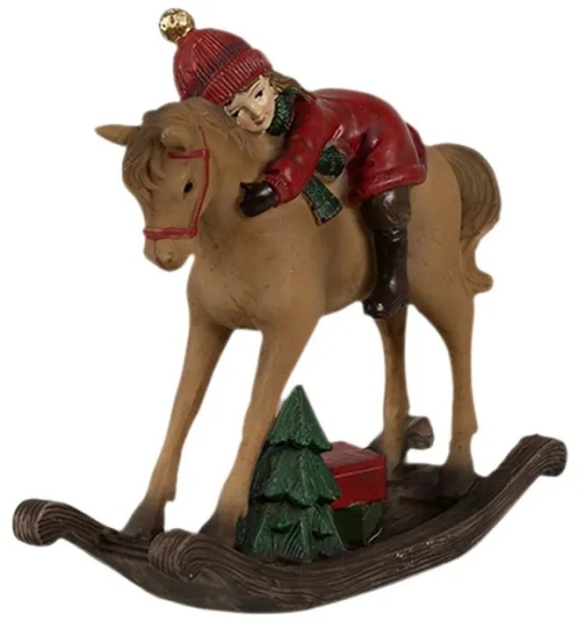 Dekorativní figurka hnědý houpací koník s holčičkou ve vánočním svetru 19x8x26 cm