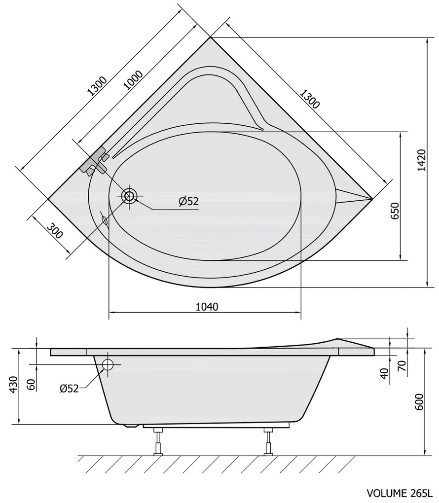 Polysan SIRIUS rohová vana 130x130x43 cm, bílá, 49111