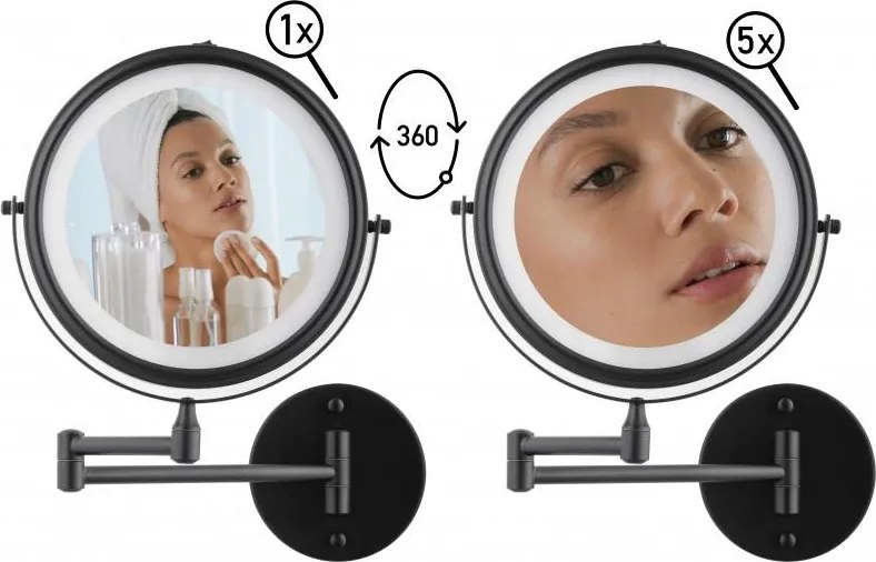 Erga Eda, LED osvětlené kosmetické zrcadlo na make-up ø20 cm, černá matná, ERG-YKA-CH.EDA-BLK
