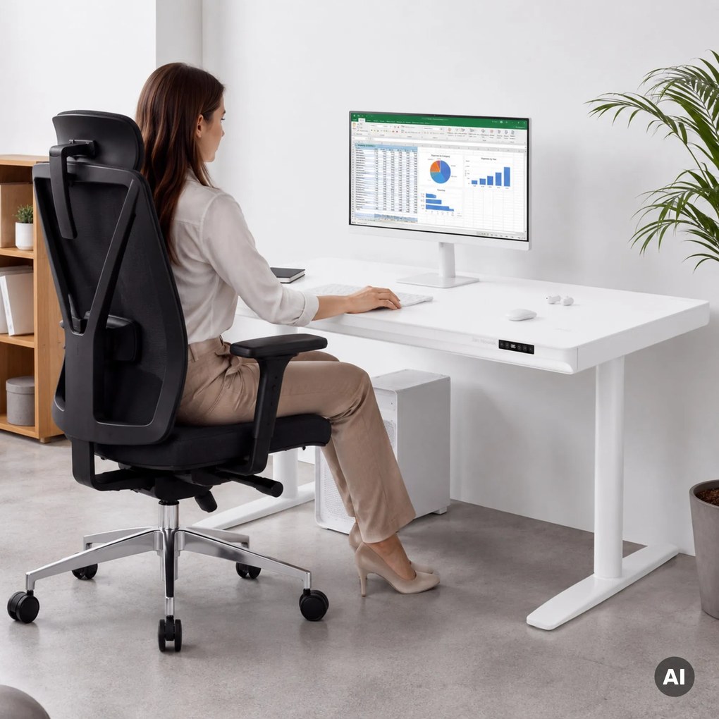 Elektrický psací stůl sit-stand se zásuvkou a bezdrátovou nabíječkou Qi bílý, 1400 mm: ELLIS
