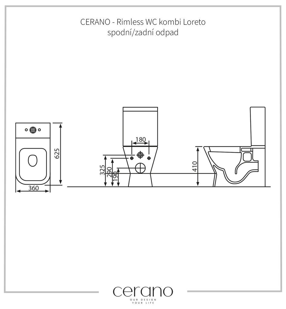 CERANO - WC kombi Loreto, Rimless - spodní/zadní opad - černá matná - 36x62,5 cm