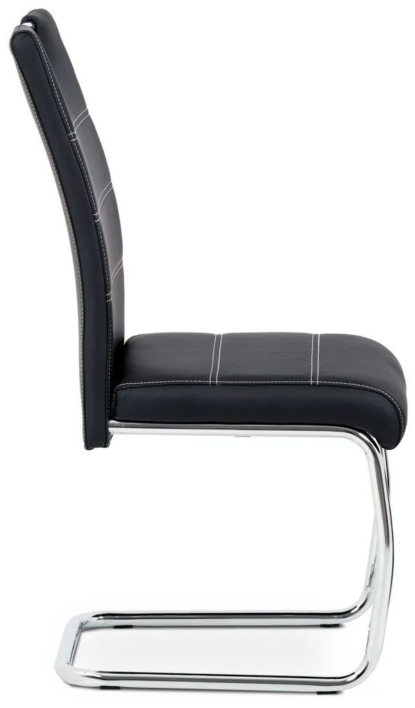 AUTRONIC Jídelní židle, potah černá ekokůže, bílé prošití, kovová pohupová podnož, chrom