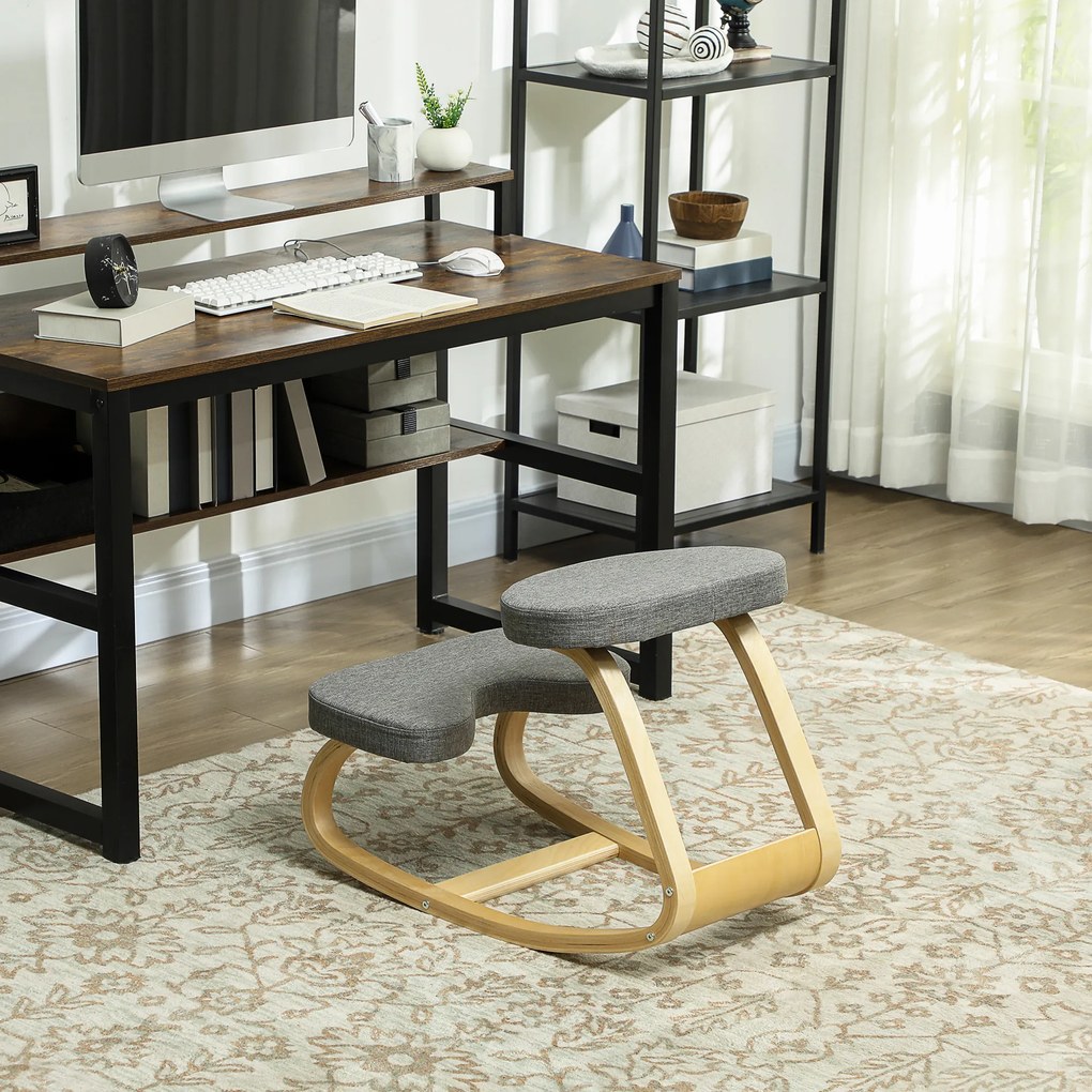 HOMCOM Klaněcí Židle, Ergonomická Houpací Dřevěná Klaněcí Židle pro Domácí Kancelář, Zlepšuje Držení Těla, Bolesti Zad, Šedá