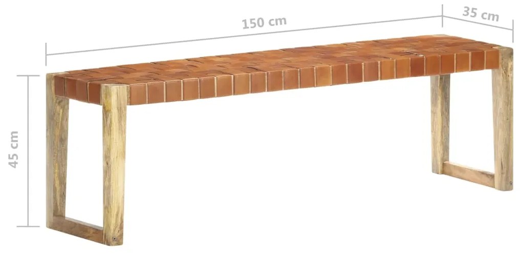 Lavice 150 cm hnědá pravá kůže a masivní mangovníkové dřevo - Default Title