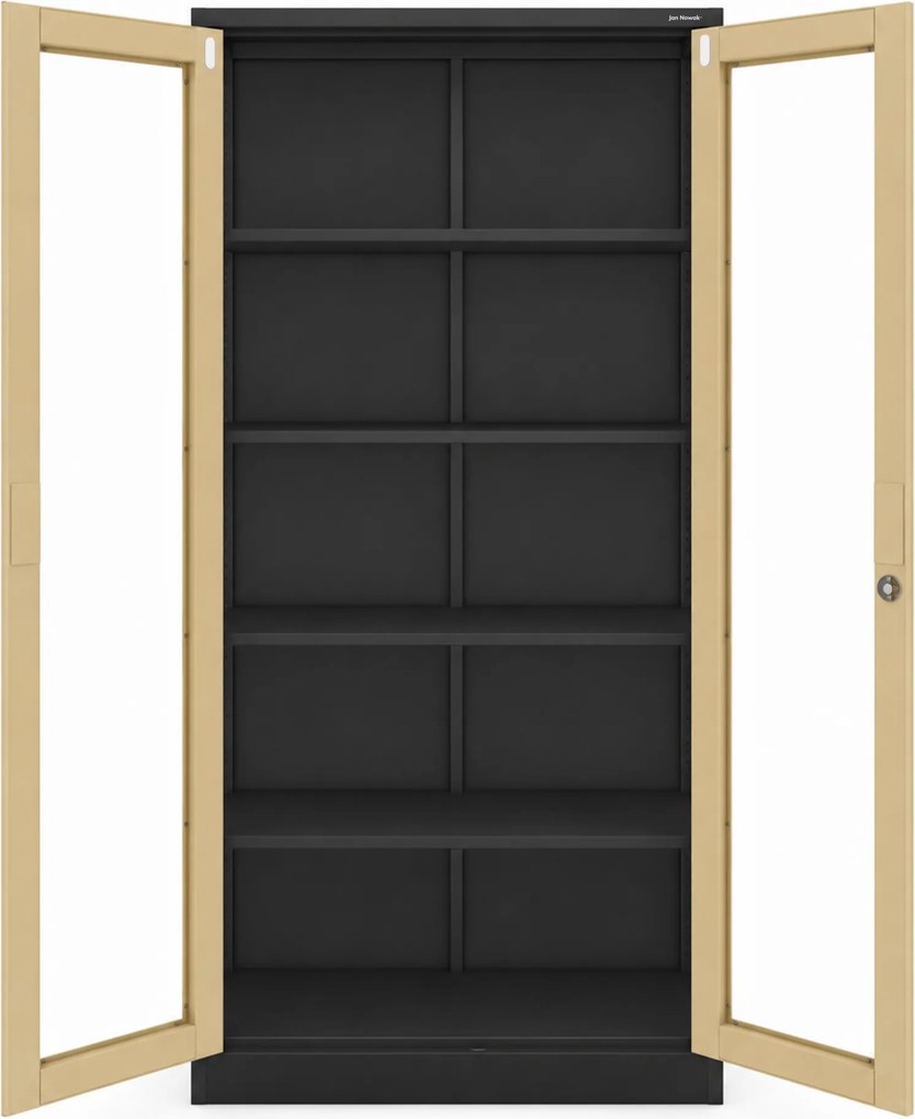 Kovová skříň s vitrínou antracitová / ořech: Eco Design AMELIA, 900 x 1850 x 400 mm