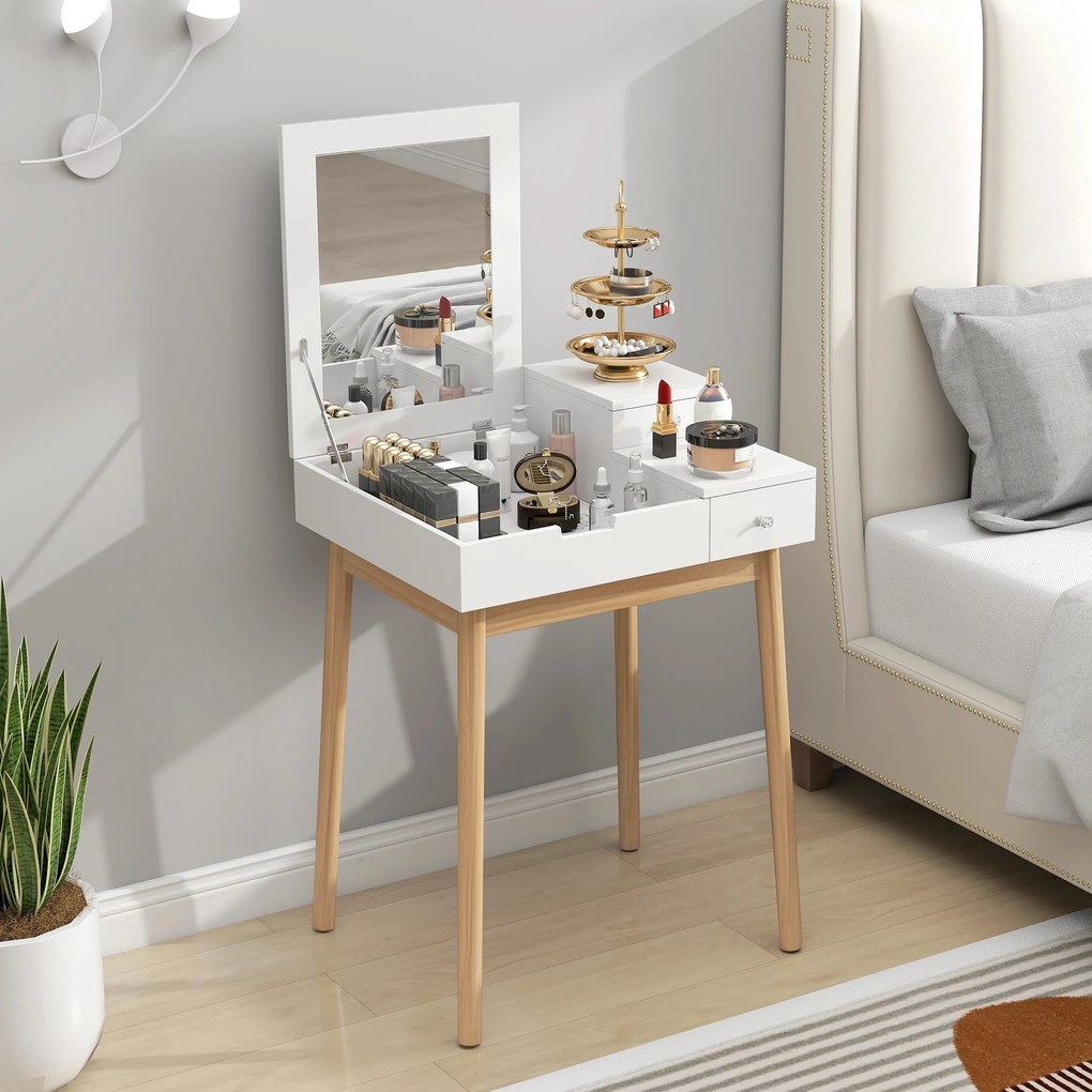HOMCOM Toaletní Stůl s Zrcadlem Moderní Styl - 2 Zásuvky, Sklopné Zrcadlo do Ložnice, Obývacího Pokoje, 60 x 50 x 85,5 cm