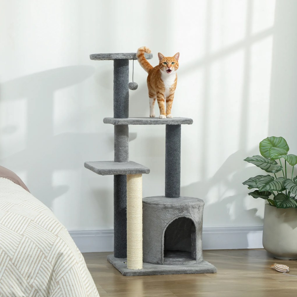 PawHut Škrabadlo 103 cm, kočičí strom s kočičí jeskyní, platformami, sisalovými škrabacími sloupky, plyšový míček pro kočky do 5 kg, šedá
