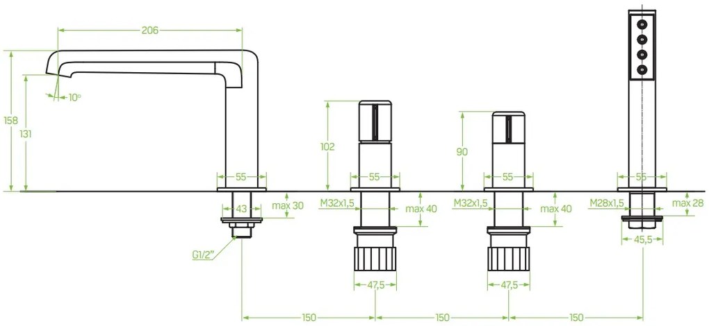 Laveo Pretto, 4-otvorová vanová baterie, černá matná, LAV-BAO_714D
