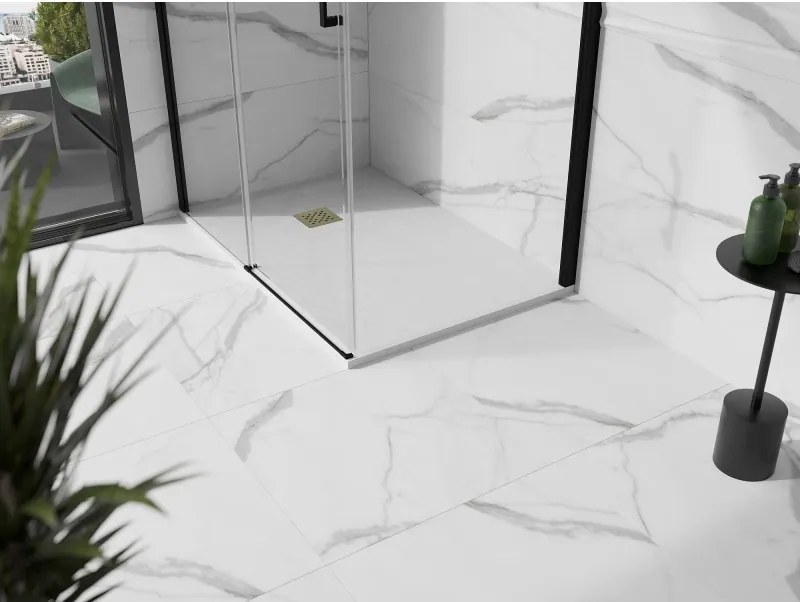 Mexen Stone+, obdélníková vanička z minerálního kompozitu 120 x 80 cm, bílá, zlatá lesklá krytka, 44108012-G