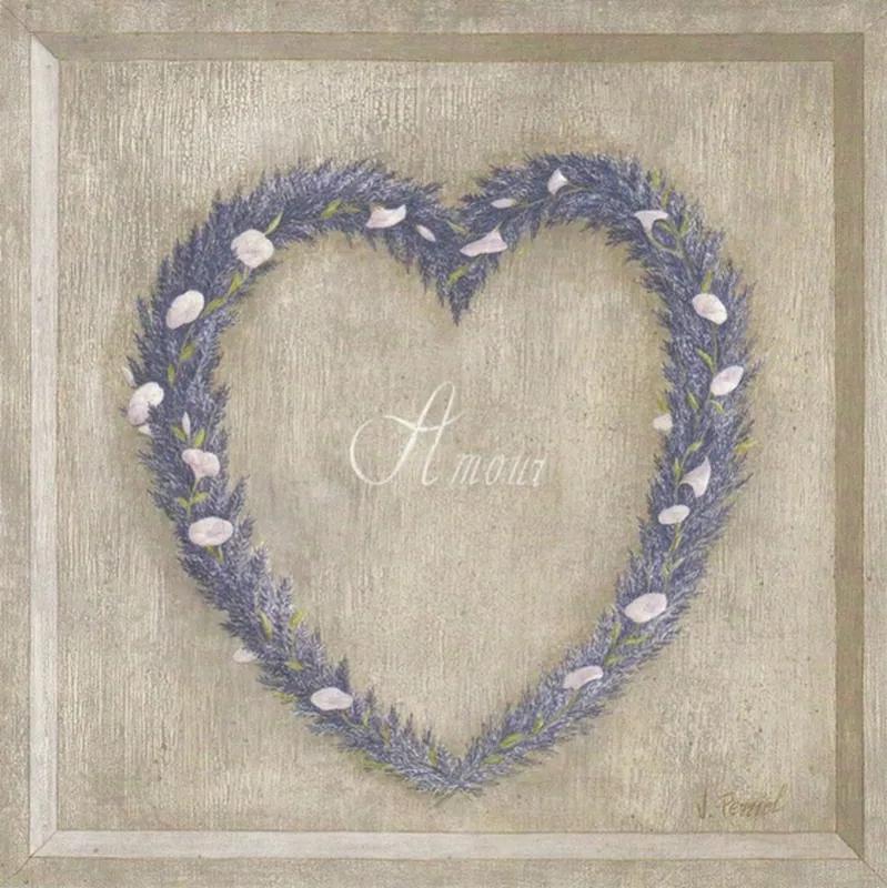ART-STYLE Obrázek 30x30, modré srdce levandule, rám bílý s patinou
