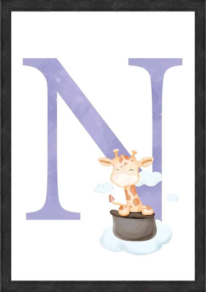 Abeceda písmena se žirafou - Obraz, Plakát Velikost: A3 - 29,7x42 cm, Volba rámu: s bílým rámem, Písmeno: N