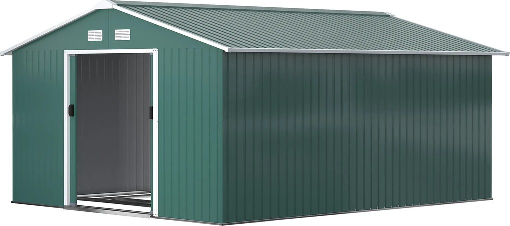 Kovová zahradní kůlna Outsunny 12,4 m², s šikmou střechou, posuvnými dveřmi a základem, 386 x 340 x 200 cm, odolná vůči počasí, pro zahradu, tmavě ze…