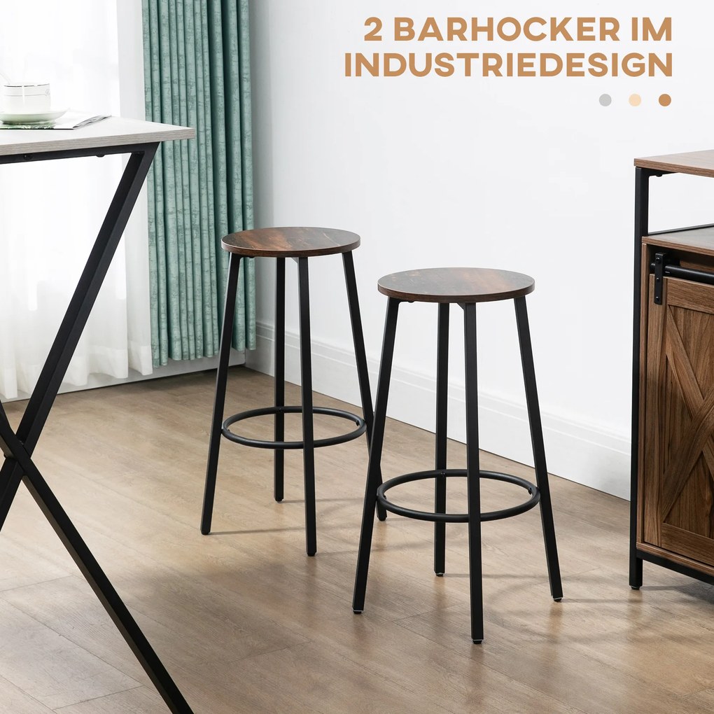 HOMCOM Barová židle sada 2 kuchyňských židlí s podnožkou v industriálním designu, kovový rám, pro jídelnu do 120 kg, 42x42x65 cm, hnědá | Aosom.de
