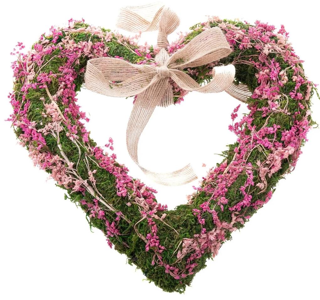 Závěsné mechové srdce se sušenými kvítky, růžová, 25 x 3,5 cm