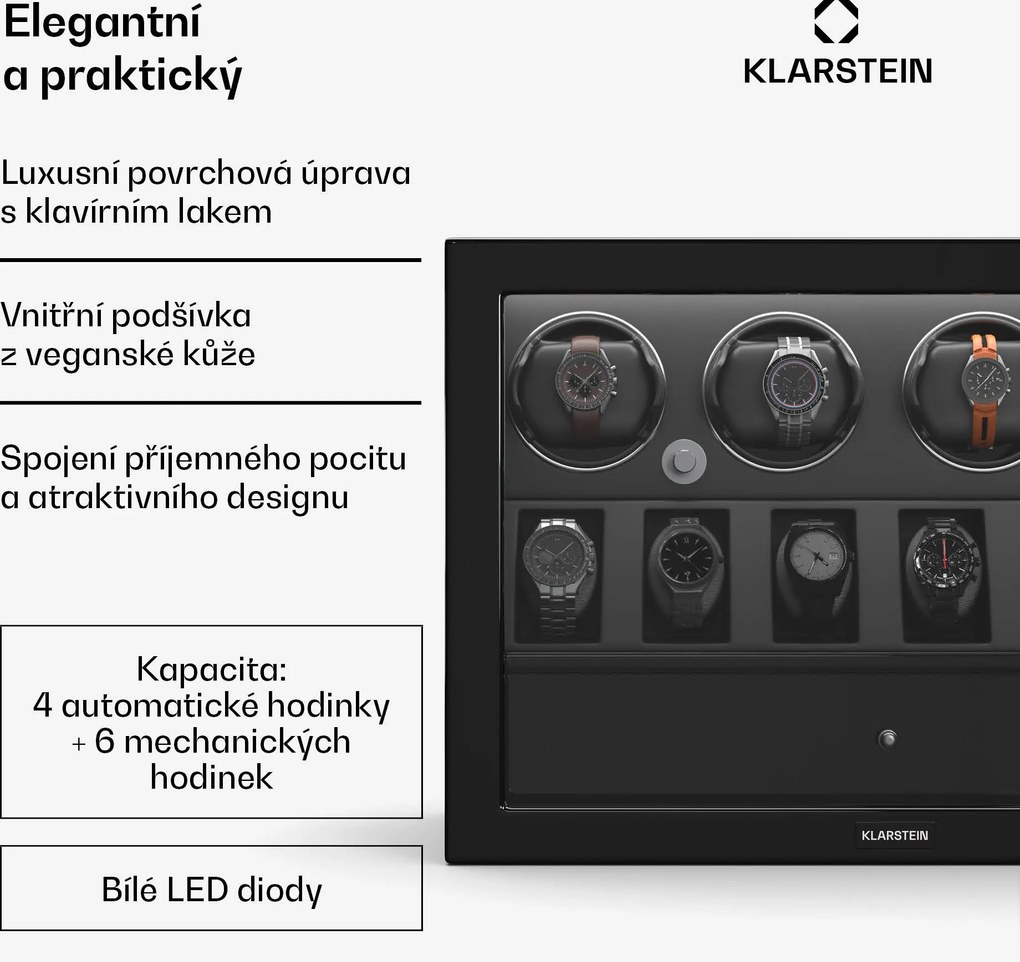 Klarstein ChronoVault natahovač hodinek, 4+6 hodinek, veganský, vysoký lesk, 4 režimy, motor Mabuchi, LED, zásuvka
