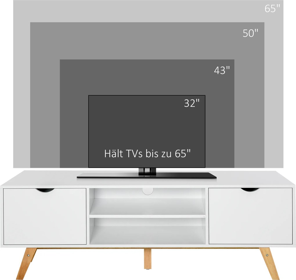 HOMCOM Moderní TV Stolek pro Televize do 65 palců s 2 Dveřmi, 2 Otevřenými Policemi a Dřevěnými Nohami 150x39x50 cm Bílý
