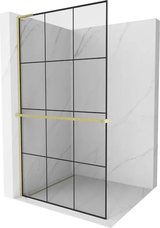 Mexen Kioto+ L, sprchová zástěna Walk-In s poličkou a věšákem 120 x 200 cm, 8mm čiré sklo černý vzor, ​​zlatý matný profil, 800-120-123-55-77