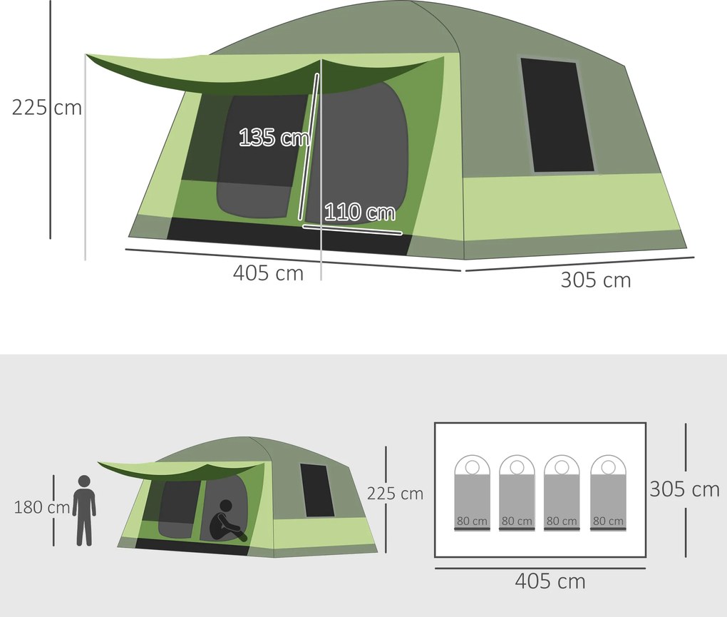 Kempinkový stan Kupolový stan Rodinný stan 2 spací kabiny 4-8 osob D405 x Š305 x V225cm
